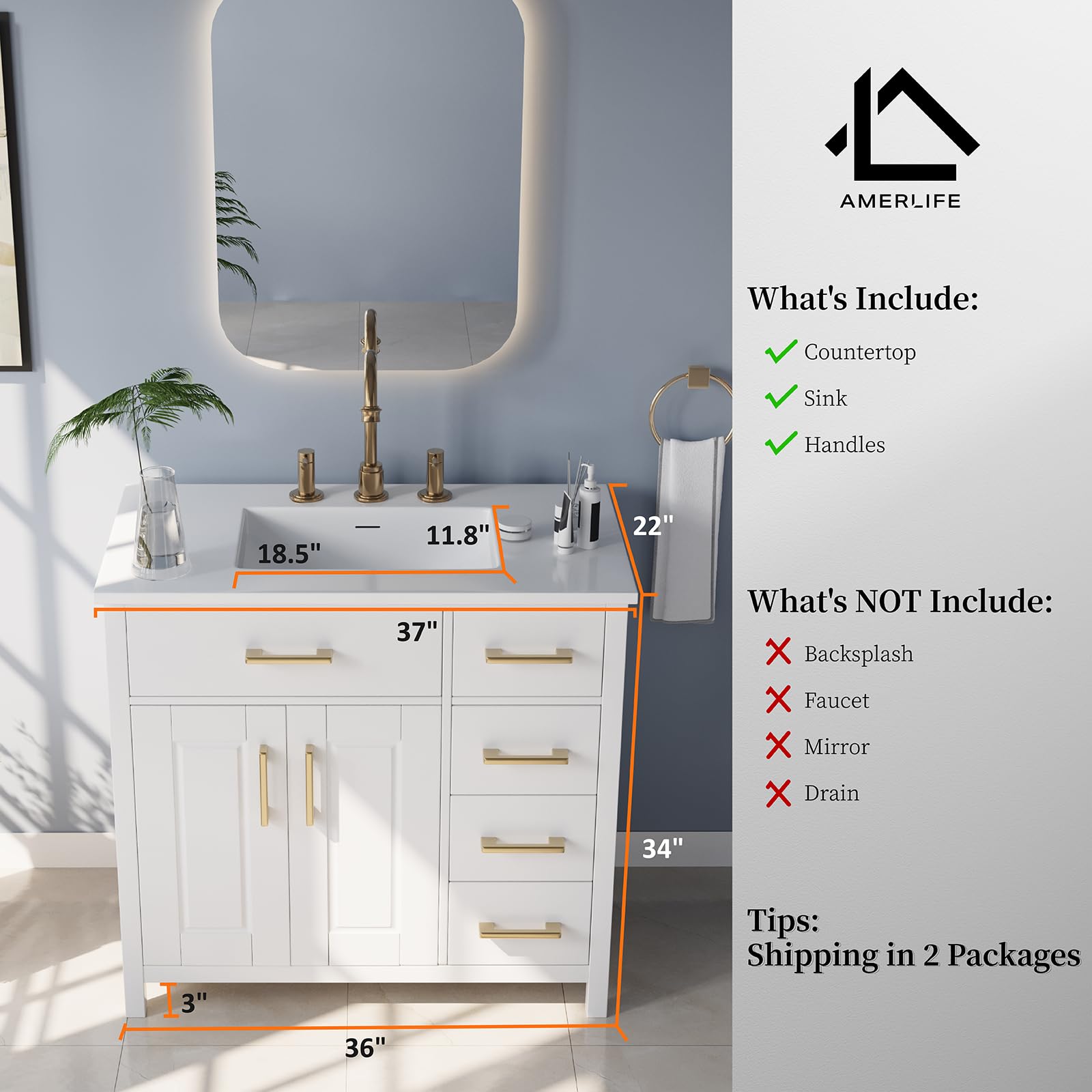 AMERLIFE 36" Bathroom Vanity with Sink Combo, Modern Undermount Small Single Bathroom Cabinet Set, Includes 37" Countertop & Integrated Sink, Soft Closing Doors, Bathroom Dresser White
