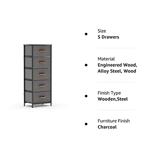 WAYTRIM Vertical Dresser Storage Tower with 5 Drawers, Fabric Organizer Dresser Tower for Bedroom, Hallway, Entryway, Closets - Charcoal