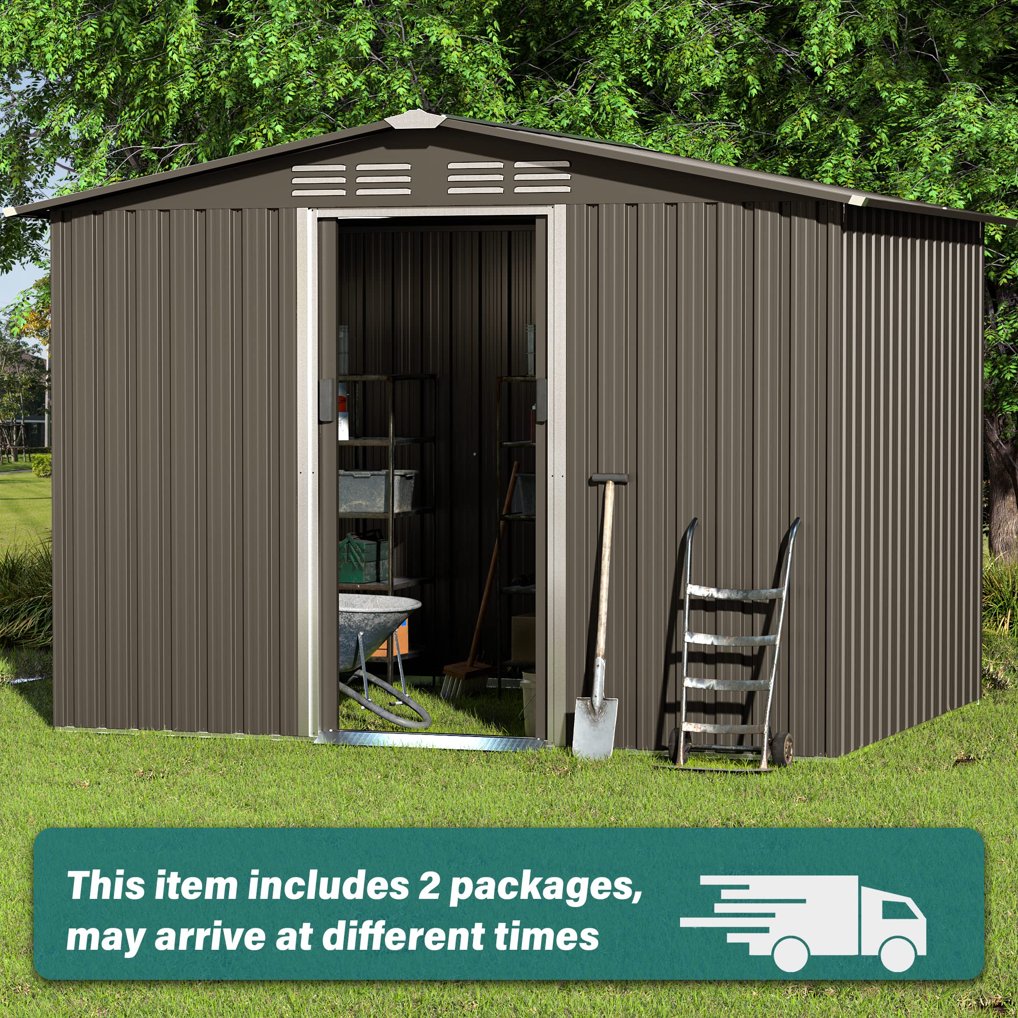 Gotland 8FT x 6FT Metal Storage Shed with Lockable Sliding Doors and Air Vents, Outdoor Utility and Tool Storage for Garden, Backyard, Patio, and Lawn