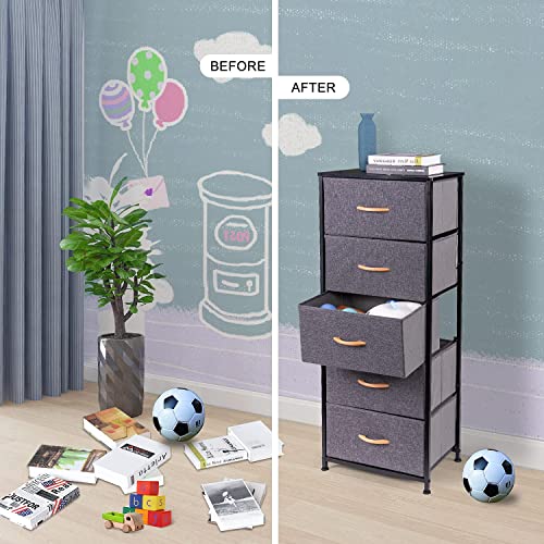 WAYTRIM Vertical Dresser Storage Tower with 5 Drawers, Fabric Organizer Dresser Tower for Bedroom, Hallway, Entryway, Closets - Charcoal