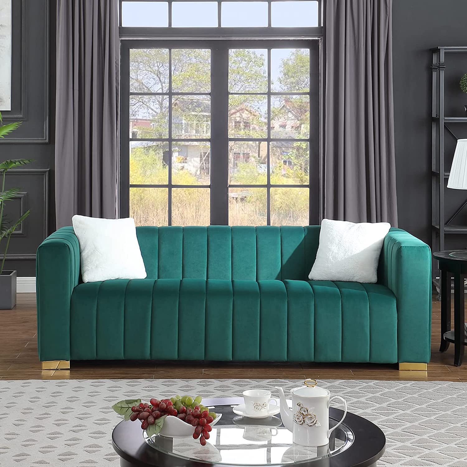 JUSTONE Modern Sofa Couch for Living Room, Mid Century 3-Seater Velvet Chesterfield Sofa, Upholstered Couch with Gold Leg&Pillows for Apartment, Office,Easy to Install- Dark Green