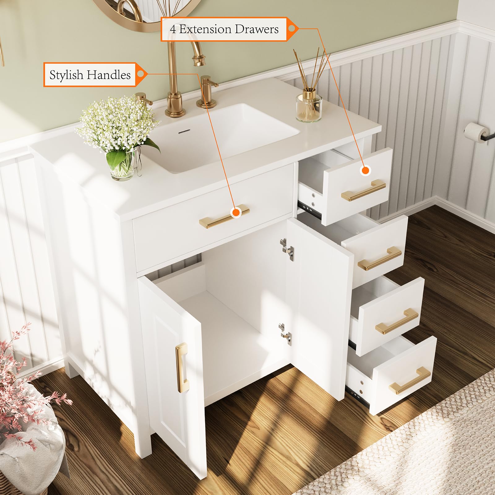 AMERLIFE 36" Bathroom Vanity with Sink Combo, Modern Undermount Small Single Bathroom Cabinet Set, Includes 37" Countertop & Integrated Sink, Soft Closing Doors, Bathroom Dresser White
