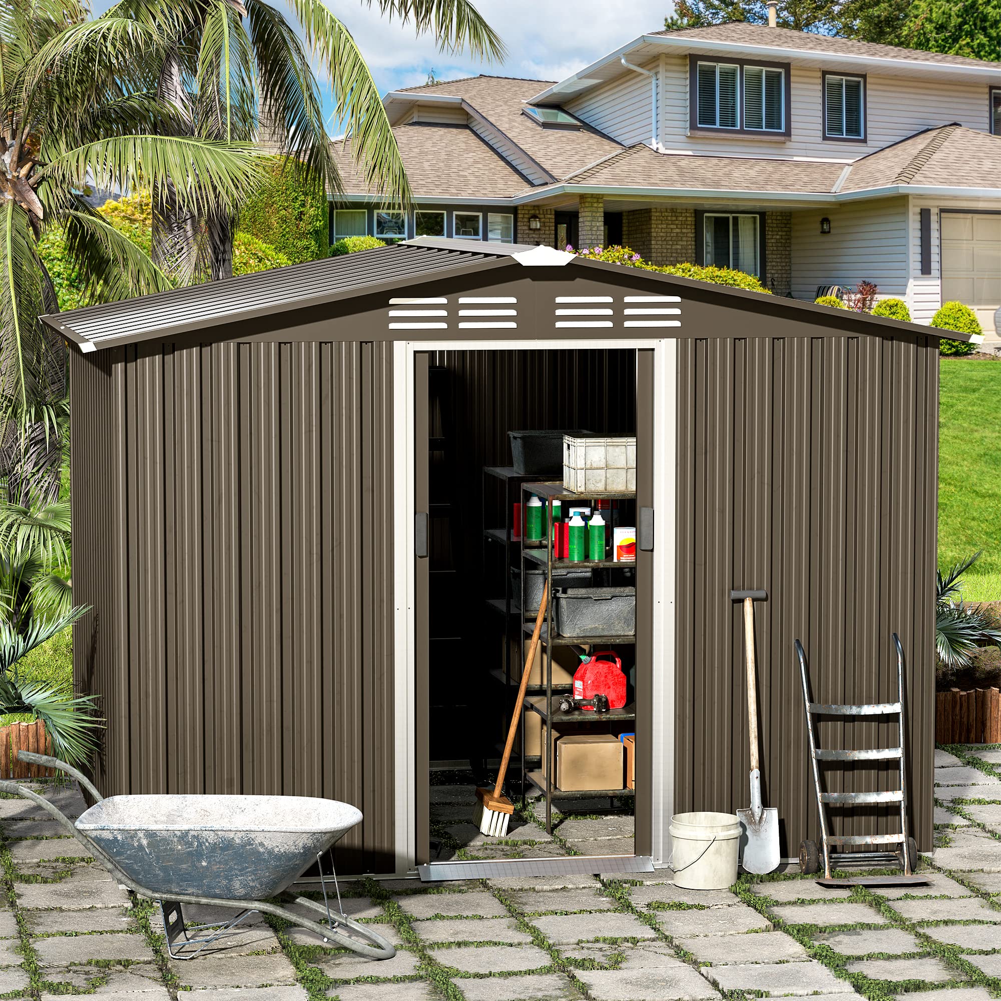 Gotland 8FT x 6FT Metal Storage Shed with Lockable Sliding Doors and Air Vents, Outdoor Utility and Tool Storage for Garden, Backyard, Patio, and Lawn