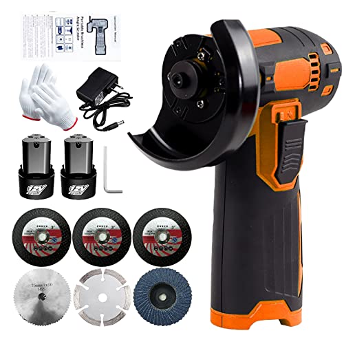 Weytoll 12V Cordless Brush Angle Grinder Kit, Grinding Disc 3/76mm, 19500rpm Electric Grinding Tool Mini Grinder Handheld Cutter with 2pcs 12V1300mAh Batteries and 6 Cutting Discs, Orange