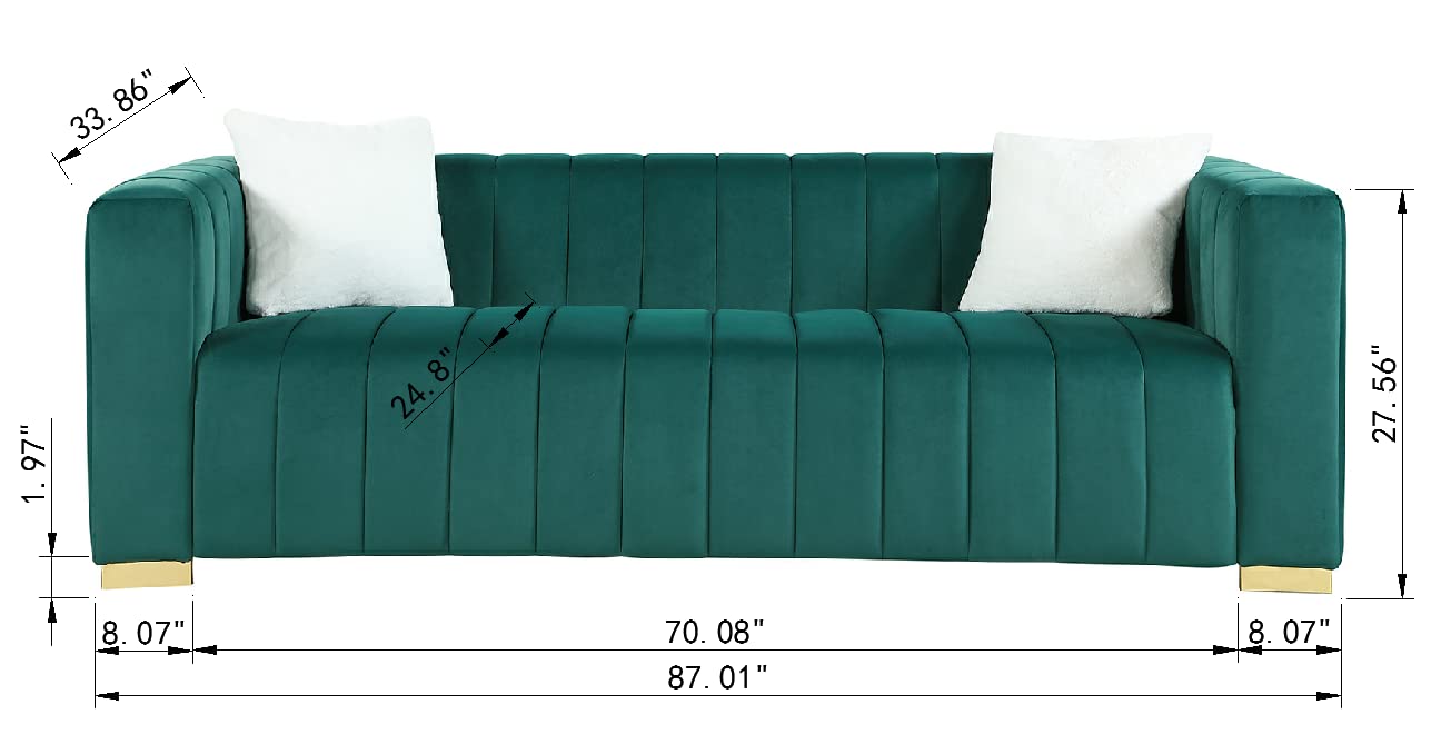 JUSTONE Modern Sofa Couch for Living Room, Mid Century 3-Seater Velvet Chesterfield Sofa, Upholstered Couch with Gold Leg&Pillows for Apartment, Office,Easy to Install- Dark Green