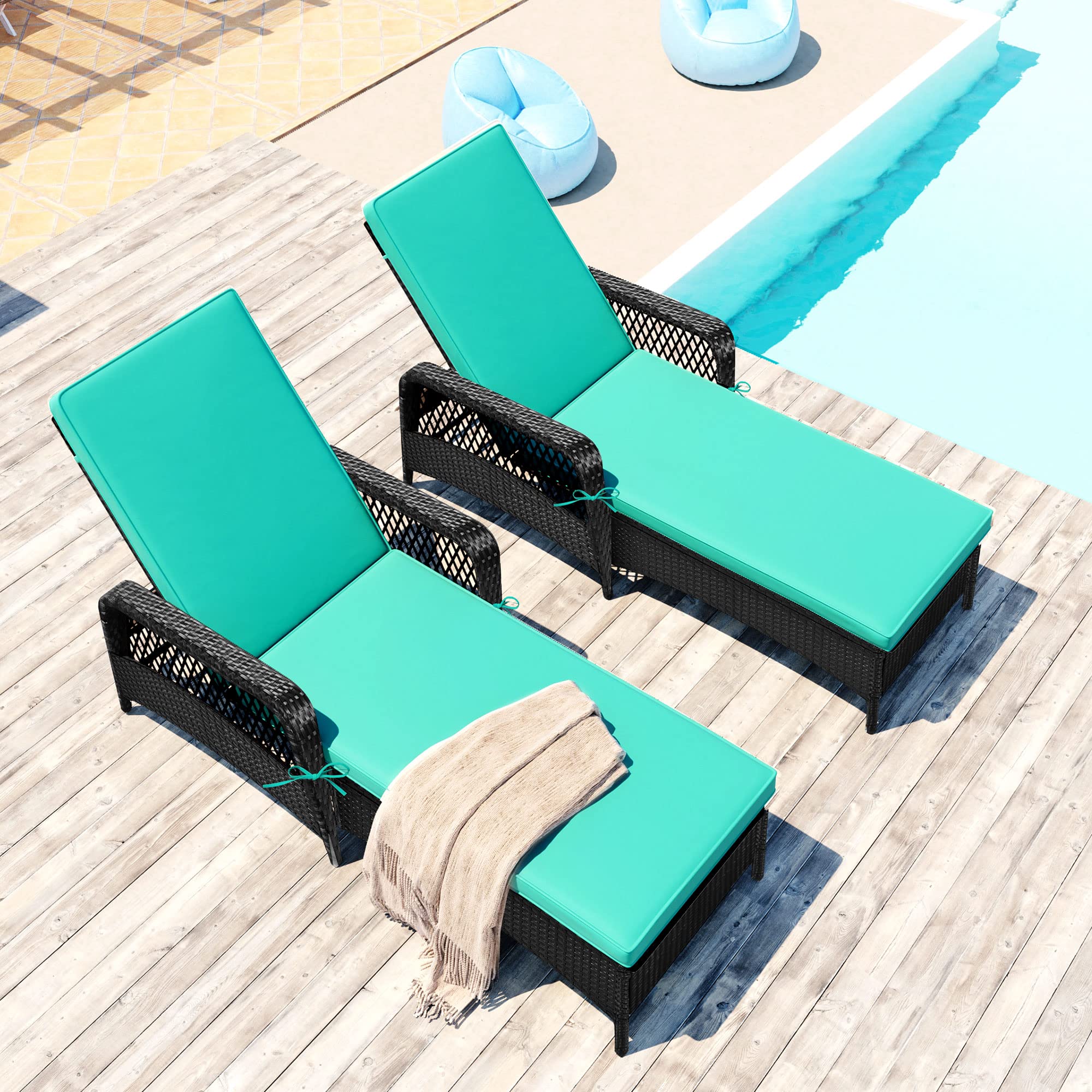Quarte 2 Piece Outdoor PE Wicker Sun Lounger,Patio Chaise Lounger with Adjustable Backrest and Armrests,for Porch Lawn Garden Backyard Poolside (Green&y)