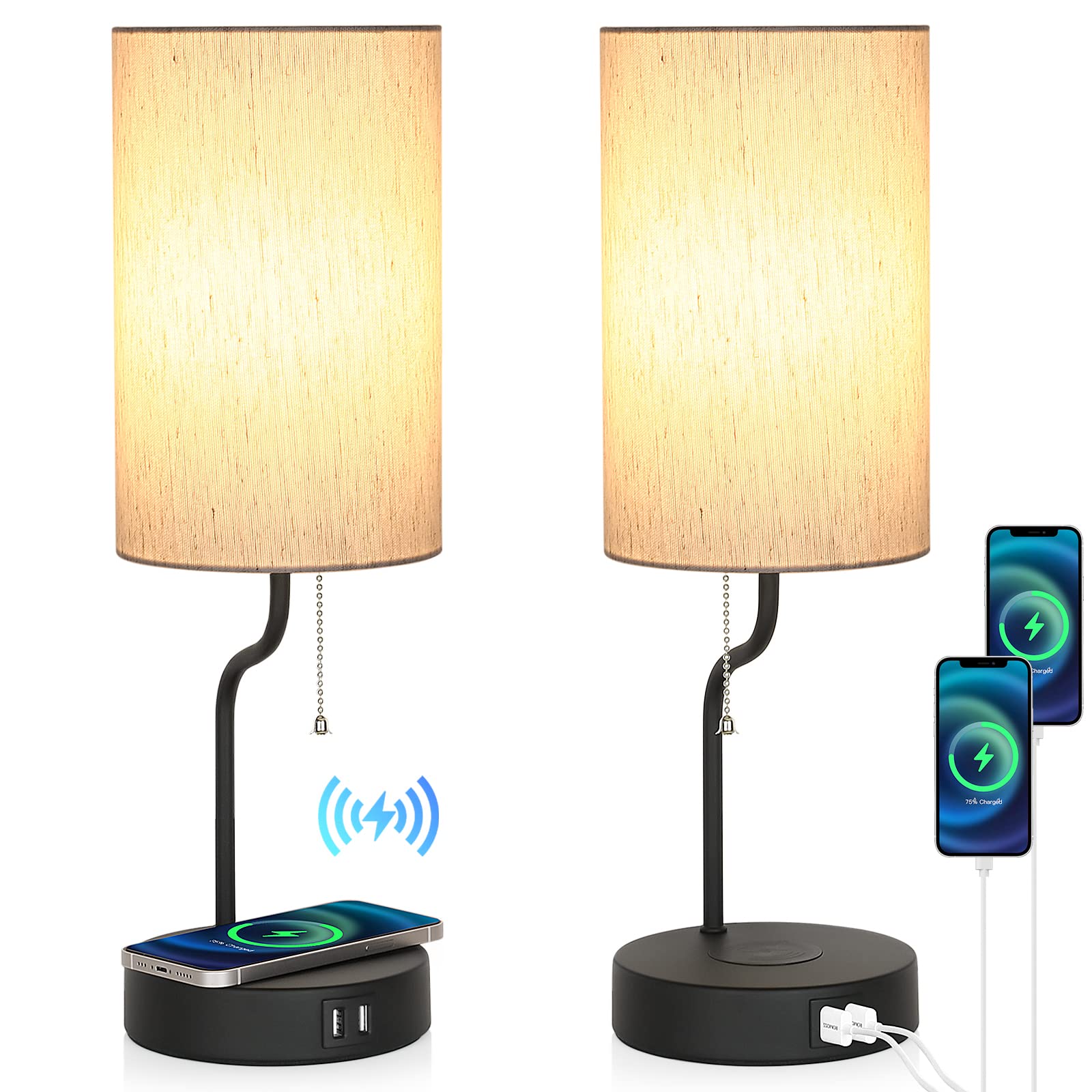 Wireless Charging Bedside Lamps with 2 USB Ports, Set of 2 Table Lamps for Bedroom, Modern Nightstand Lamps, Desk Lamps with E26 Socket Round Fabric Lampshade for Living Room Office Reading Working