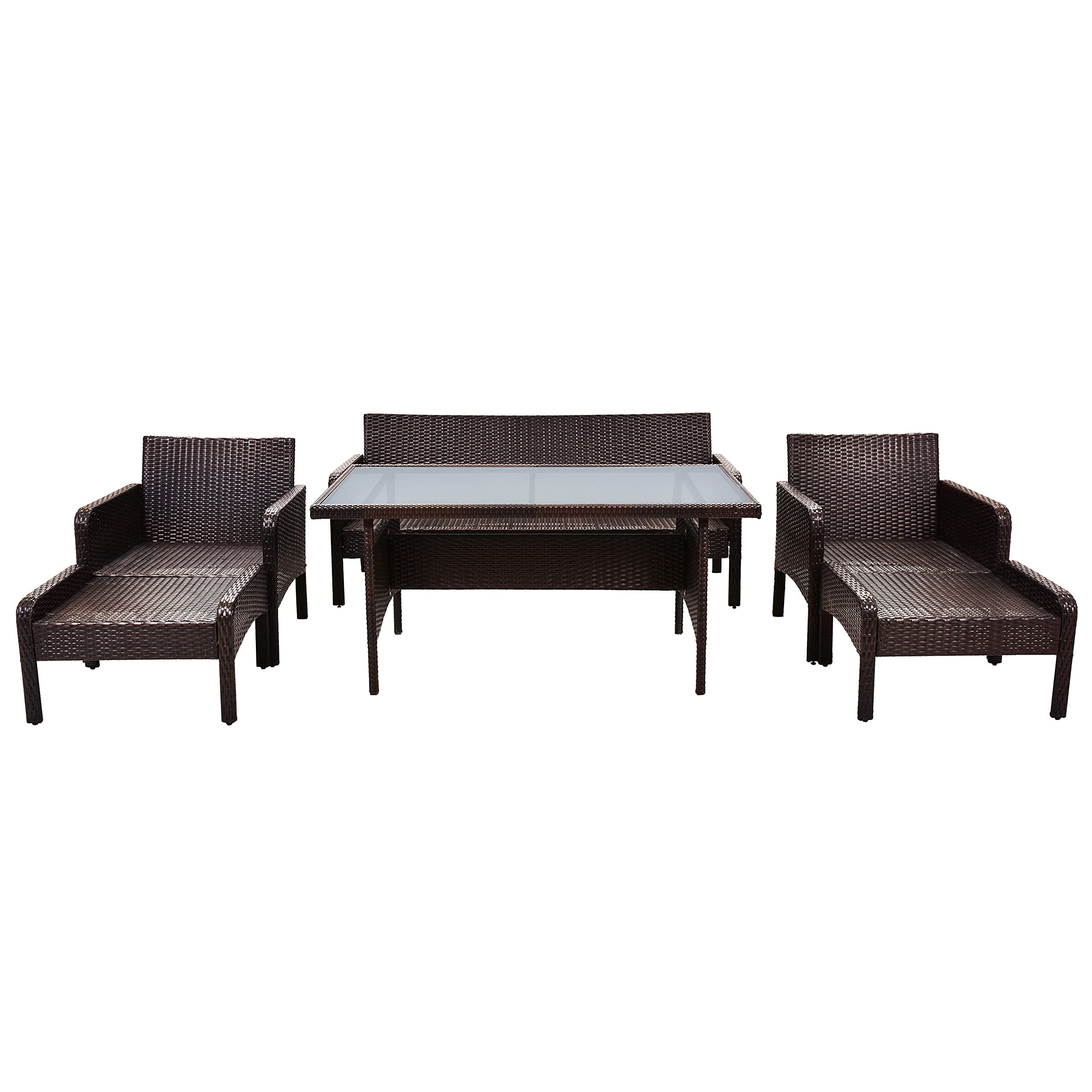 BIADNBZ 6-Piece Outdoor Patio Furniture Set, PE Rattan Conversation Sofa with Stools, Removable Cushions and Tempered Glass Tea Table for Backyard, Poolside, Deck, Brown Wicker+Blue Cushio