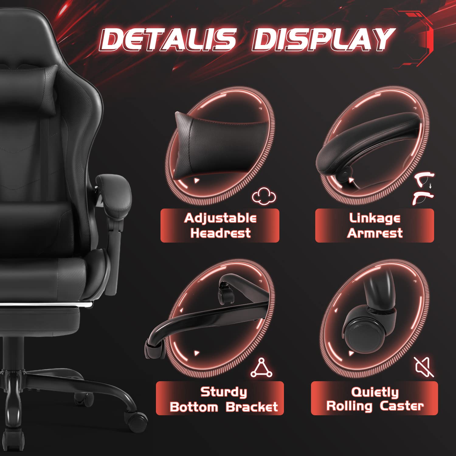 Shahoo Gaming Chair with Footrest and Massage Lumbar Support, Video Racing Seat Height Adjustable with 360°Swivel and Headrest for Office or Bedroom, Black