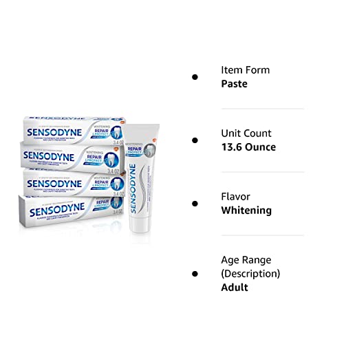 Sensodyne Repair and Protect Whitening Toothpaste, Toothpaste for Sensitive Teeth and Cavity Prevention, 3.4 oz (Pack of 4)