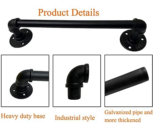 Industrial Steel Pipe Towel Rack Holder,Wall Mounted Heavy Duty Towel Bar, Matte Black Finish Hand Towel Rod for Bathroom(2 Pack) (12inch)