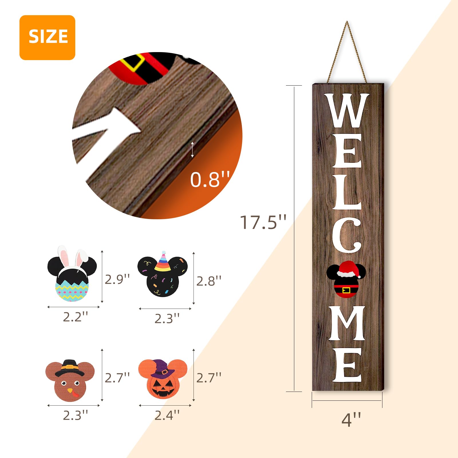 FUEMEILY 15.7'' Cute Mouse Seasonal Interchangeable Home Sign for Front Porch,18pcs Interchangeable Hanging Vertical Welcome Door Sign for Farmhouse/Wall/Porch Decor and Housewarming Gift