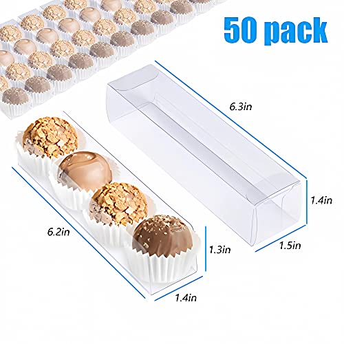 pakiper Clear Favor Boxes,Chocolate Macaron Gift Boxes with Inserts,50 PCS Clear PET Plastic Gift Favor Boxes Candy Cookies Treat Boxes for Christmas,Wedding,Baby Birthday Party 6.3"x1.5"x1.4"