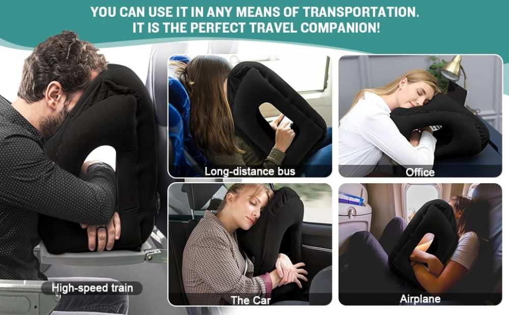 PVC Inflatable Travel Pillow Portable Headrest Chin Support Cushions for Airplane Plane Car Office Rest Neck Nap Pillows,Black