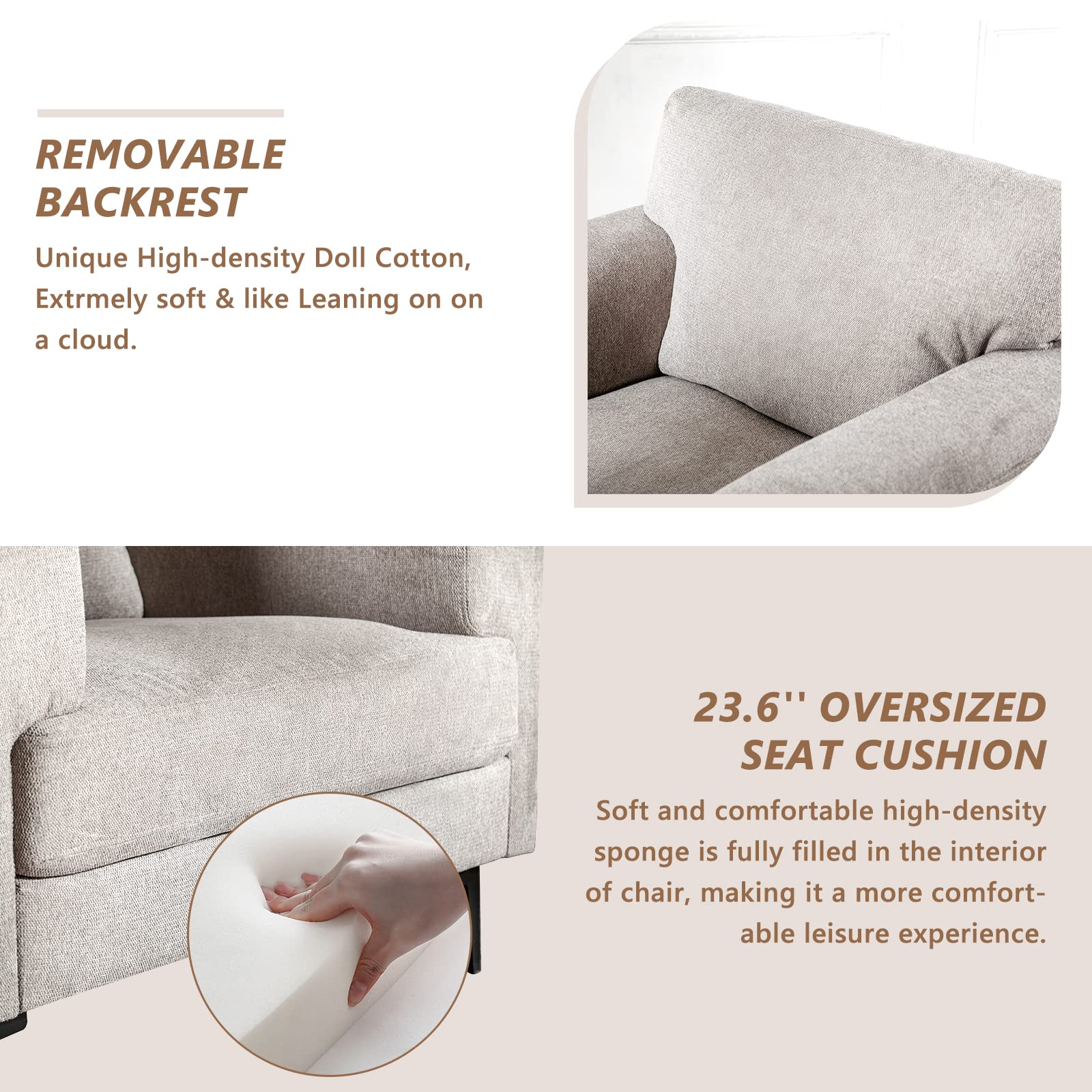 CDCASA Accent Chair, Linen Fabric Oversized Mid Century Modern Chair Set of 1, Comfy Upholstered Armchair Reading Accent Chairs Sofa Chairs for Bedroom Living Room, Light Brown