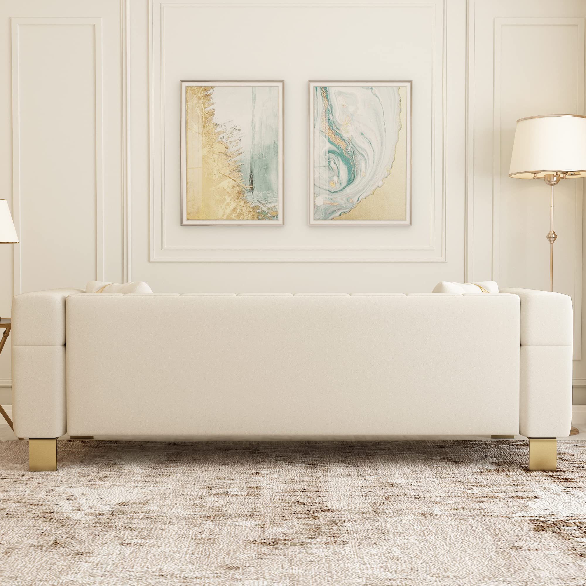 MoLiFaning 89" Modern Chesterfield Velvet Sofas Mid Century Modern Button Tufted Velvet Couches with 2 Pillows and Gold Legs,for Living Room Apartment Bedroom Office Beige