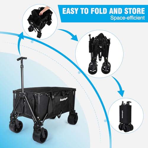 Sainlogic Collapsible Foldable Wagon, 120L Capacity Shopping Cart with Brake, Portable Folding Wagon with Big All-Terrain Wheels