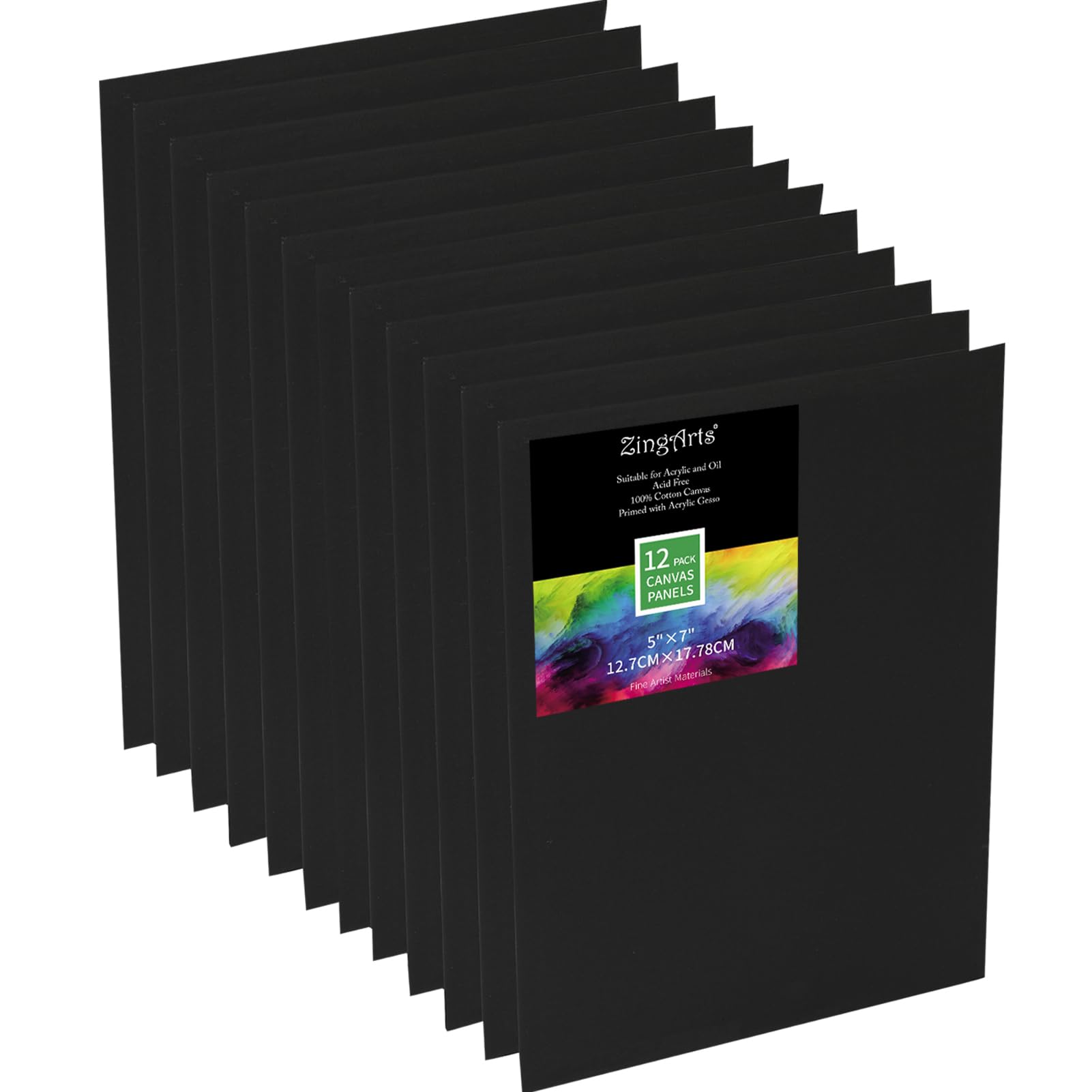 Zingarts Black Canvas 5x7 Inch 12-Pack,100% Cotton Primed Painting Canvas Panels. Black Canvas for Painting is for Professionals,Students & Kids, for Acrylic Paint, Oil Paint, Watercolor, Gouache