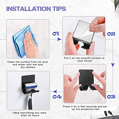 Razor Holder Shaver Hook Hanger Stand Self Adhesive Hooks Heavy Duty Stainless Steel Phone Holders for Shower, Tools for Hanging Washcloth Towel Loofah for Bathtub Wall, Black (Black-4)