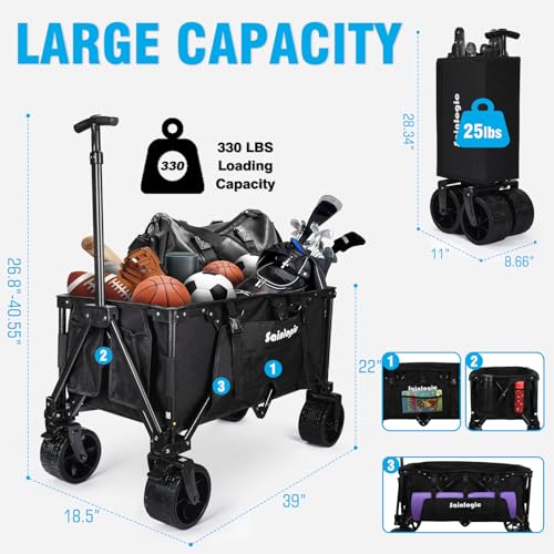 Sainlogic Collapsible Foldable Wagon, 120L Capacity Shopping Cart with Brake, Portable Folding Wagon with Big All-Terrain Wheels