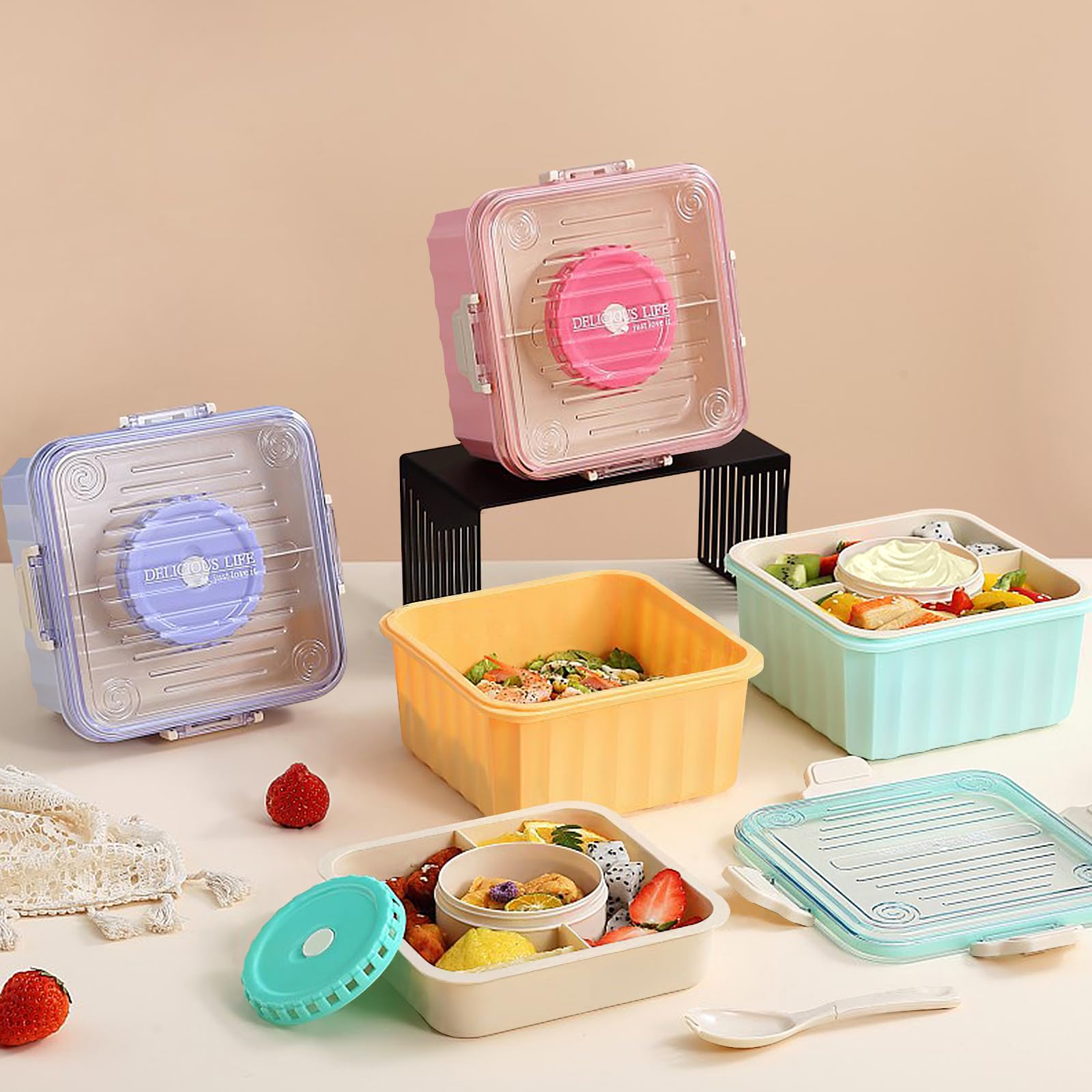 Salad Lunch Box Container 40-oz Salad Bowl with 3 Compartments, Salad Dressings Container for Salad Toppings, BPA-Free and Built-In Reusable Fork(orange)