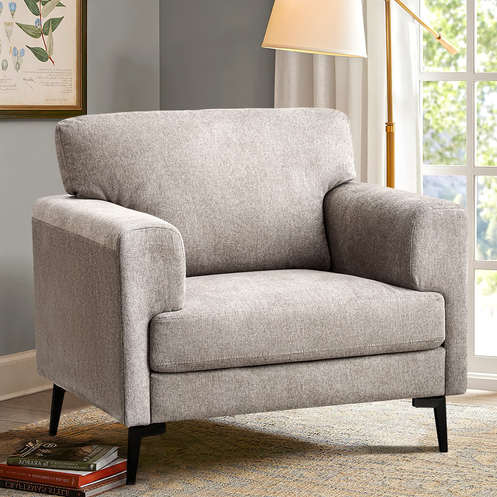 CDCASA Accent Chair, Linen Fabric Oversized Mid Century Modern Chair Set of 1, Comfy Upholstered Armchair Reading Accent Chairs Sofa Chairs for Bedroom Living Room, Light Brown