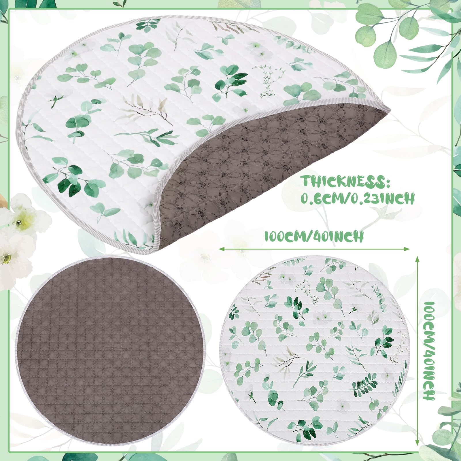 Wesiti Baby Play Mat Non Slip 40 x 40'' Large Baby Activity Mat Round Tummy Time Washable Foldable Floor Pads for Infant Nursery Room Indoor Outdoor(Eucalyptus Leaf)