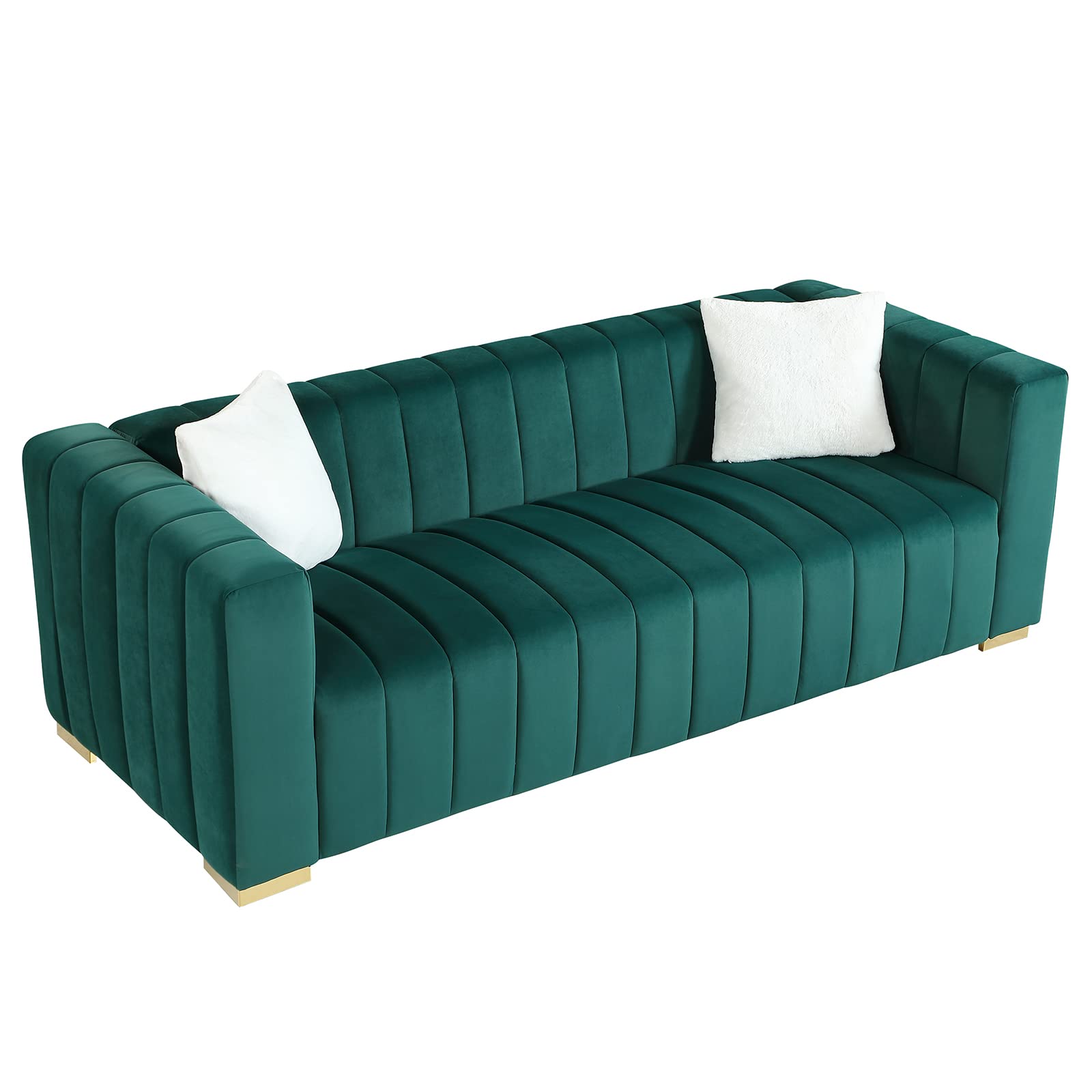 JUSTONE Modern Sofa Couch for Living Room, Mid Century 3-Seater Velvet Chesterfield Sofa, Upholstered Couch with Gold Leg&Pillows for Apartment, Office,Easy to Install- Dark Green