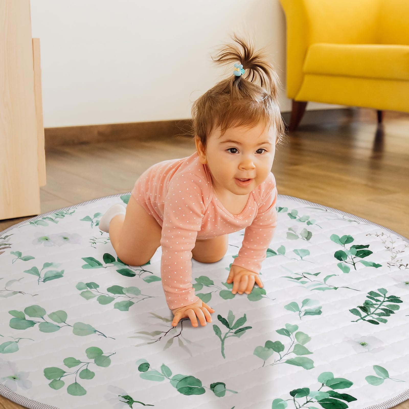 Wesiti Baby Play Mat Non Slip 40 x 40'' Large Baby Activity Mat Round Tummy Time Washable Foldable Floor Pads for Infant Nursery Room Indoor Outdoor(Eucalyptus Leaf)