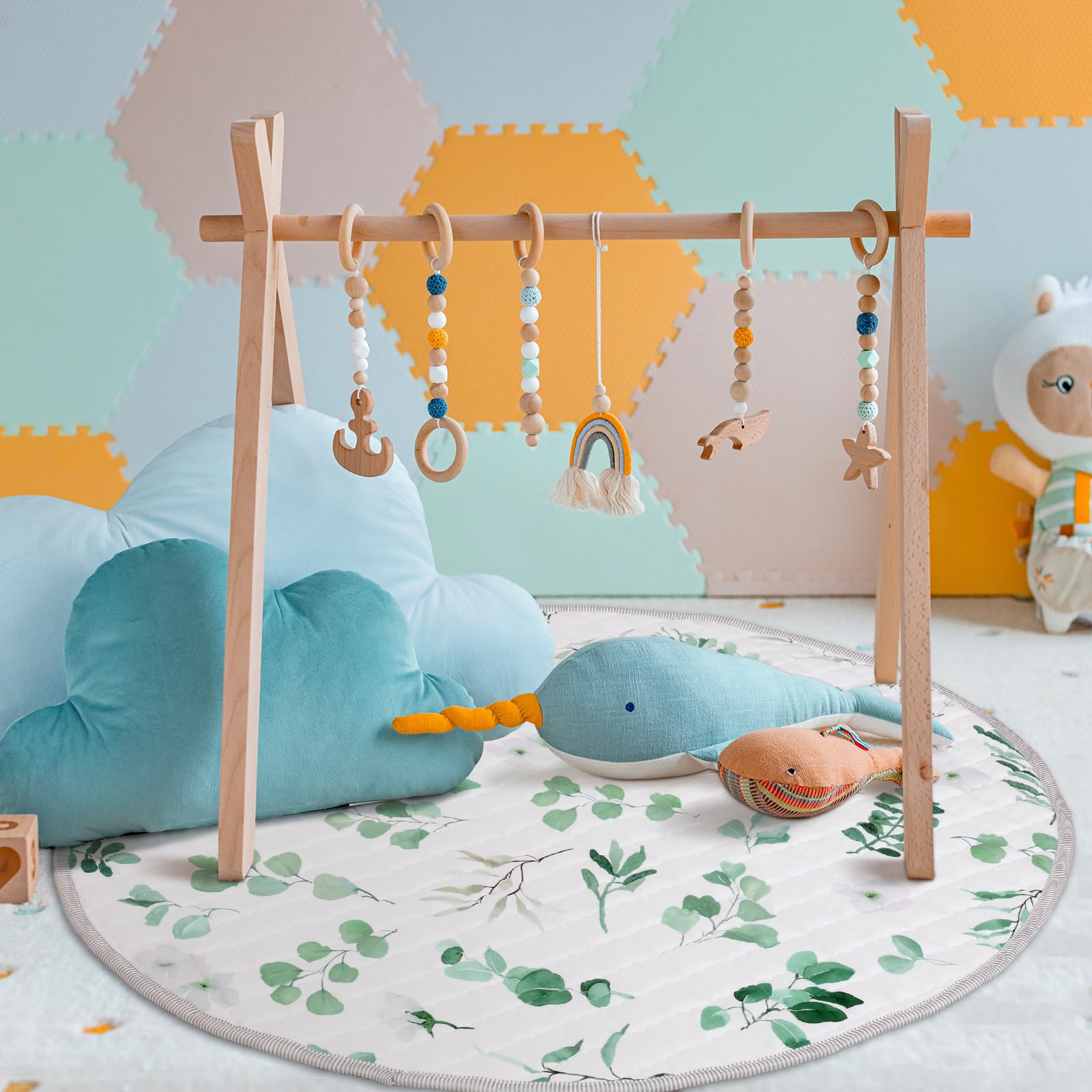 Wesiti Baby Play Mat Non Slip 40 x 40'' Large Baby Activity Mat Round Tummy Time Washable Foldable Floor Pads for Infant Nursery Room Indoor Outdoor(Eucalyptus Leaf)