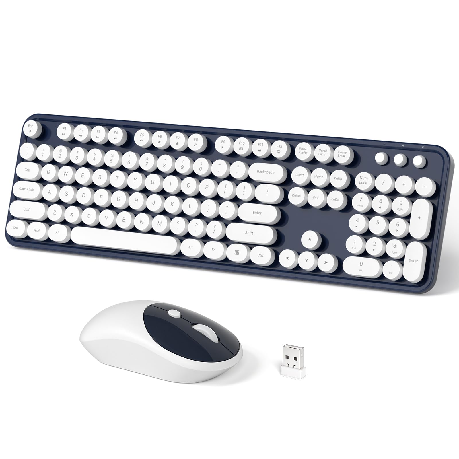 Dilter Wireless Keyboard and Mouse Combo, 104 Keys Full-Sized Typewriter Keyboards and Retro Mouse, 2.4 GHz USB Receiver Plug and Play, for Windows 7 8 10, PC, Laptop, Desktop (Dark Blue)