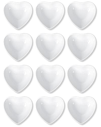 DELLING 12 Pack Soy Sauce Dishes/Bowls, Heart Shaped Dip Bowls Set, Sauce Cups/Ceramic Dipping Bowls, Mini Serving Bowls for Side Dishes, Soy Sauce, Ketchup, Sushi, BBQ and Party Dinner- White, 1Oz