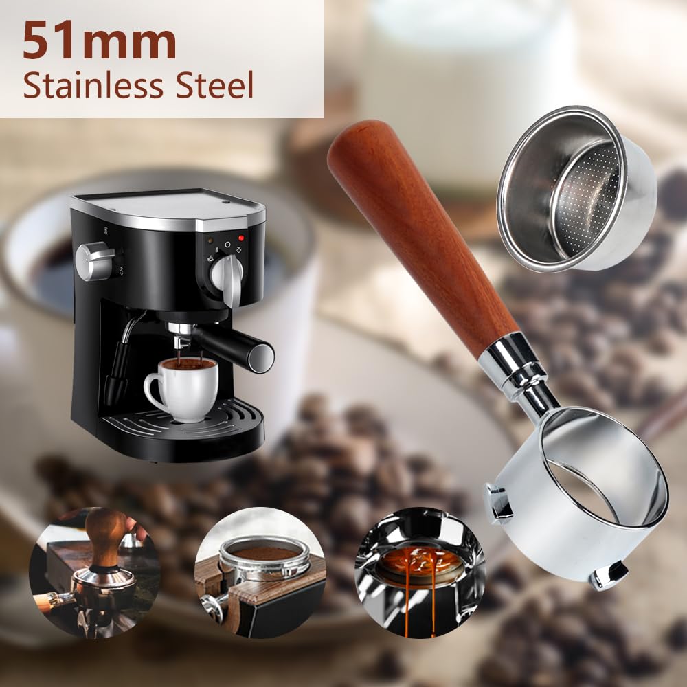 VIGIND 51mm Bottomless Portafilter 3 Ears Included 1 Cup filter Basket,Compatible For Delonghi EC680 EC685,EUPA and SMEG Coffee Machine,Stainless Steel Coffee Espresso Machine Part and Wooden Handle