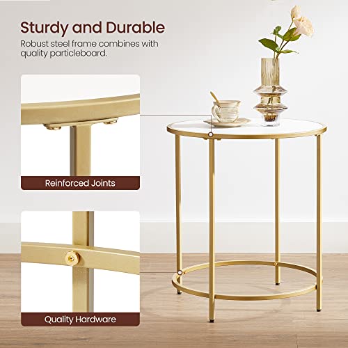 VASAGLE Round Side Table, End Table with Metal Frame, Small Coffee Accent Table, Nightstand, Bedside Table, Easy Assembly, for Living Room, Bedroom, Modern Style, Gold and White ULET282A10