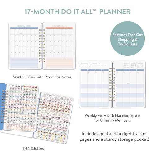Orange Circle Studio Do It All 2024 Weekly Planner, 17-Month Wire-O Bound Calendar Book with Dotted Grid Week-Per-Spread View & To-Do Lists, Appointment, Budget & Goal Tracker for School/Work, Coral