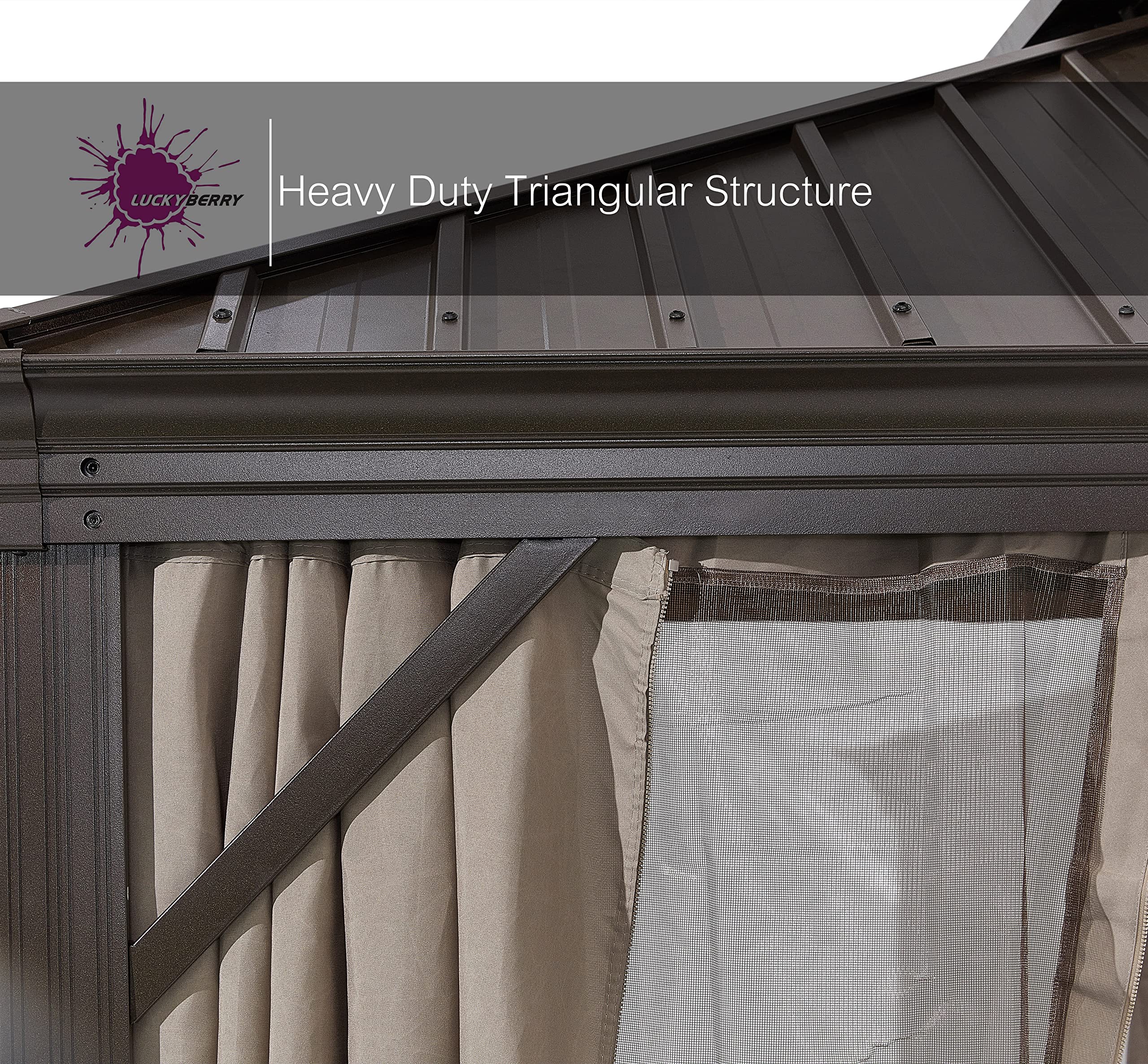LUCKYBERRY 12' X 12' Outdoor Hardtop Galvanized Steel Roof Double Top Permanent Gazebo Canopy Curtains Aluminum Frame Patio Garden Gazebo with Netting