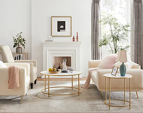 VASAGLE Round Side Table, End Table with Metal Frame, Small Coffee Accent Table, Nightstand, Bedside Table, Easy Assembly, for Living Room, Bedroom, Modern Style, Gold and White ULET282A10