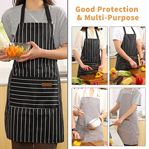 Tosewever 2 Pieces Kitchen Cooking Aprons, Cotton Polyester Blend Adjustable Bib Aprons with 2 Pockets for Women Men Chef Chef (Black/Brown Stripes, 2)