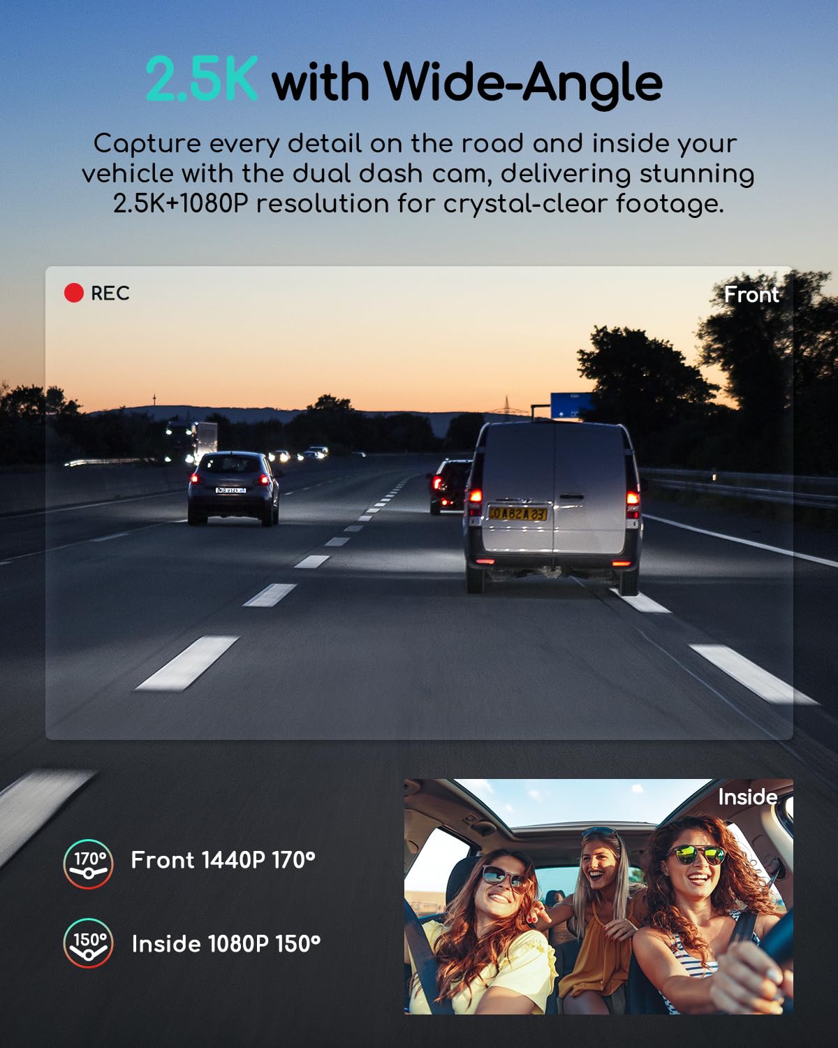 COOAU Dual Dash Cam 2.5K+1080P, Dash Cam Front and Inside, Built-in GPS and WiFi, Dash Camera for Cars, Perfect for Uber and Taxi Drivers, Night Vision, Accident Record, 24Hr Parking Mode