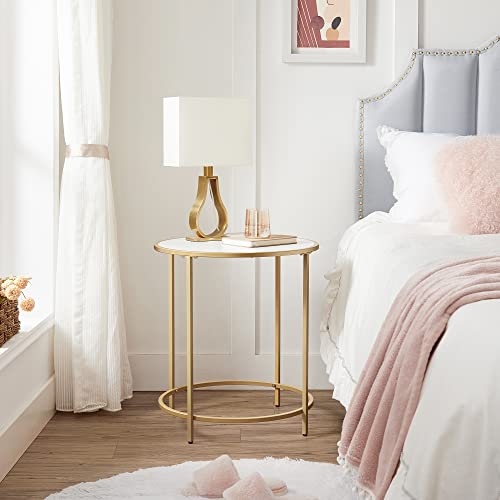 VASAGLE Round Side Table, End Table with Metal Frame, Small Coffee Accent Table, Nightstand, Bedside Table, Easy Assembly, for Living Room, Bedroom, Modern Style, Gold and White ULET282A10