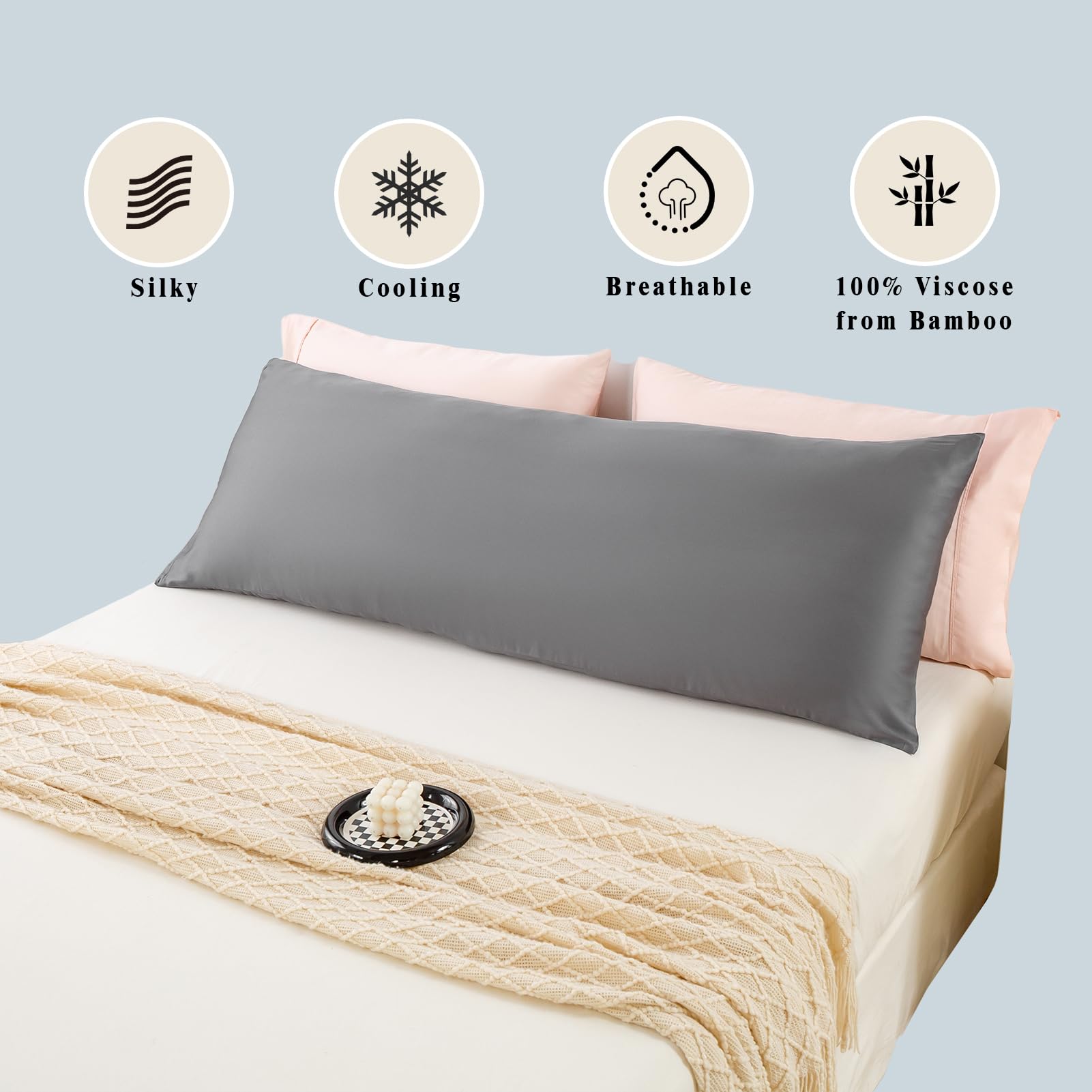 Bedlifes 100% Organic Bamboo Body Pillow Case - Cooling Pillow Cases Breathable Silky Moisture Wicking-Hidden Zipper Closures 400TC Sateen Weave-for Hot Sleepers - 20"x54" Size(Dark Grey)