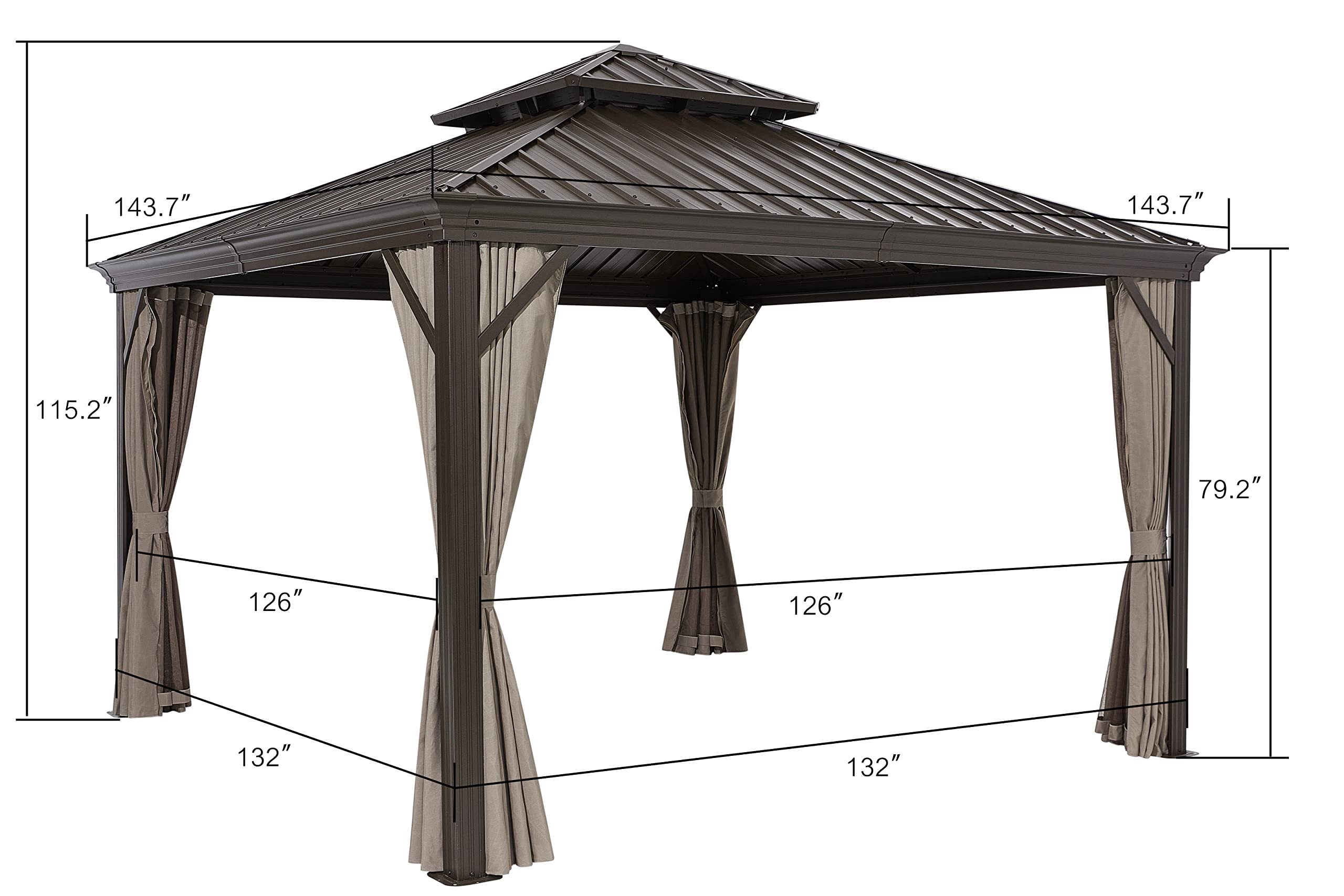 LUCKYBERRY 12' X 12' Outdoor Hardtop Galvanized Steel Roof Double Top Permanent Gazebo Canopy Curtains Aluminum Frame Patio Garden Gazebo with Netting