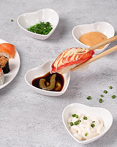 DELLING 12 Pack Soy Sauce Dishes/Bowls, Heart Shaped Dip Bowls Set, Sauce Cups/Ceramic Dipping Bowls, Mini Serving Bowls for Side Dishes, Soy Sauce, Ketchup, Sushi, BBQ and Party Dinner- White, 1Oz