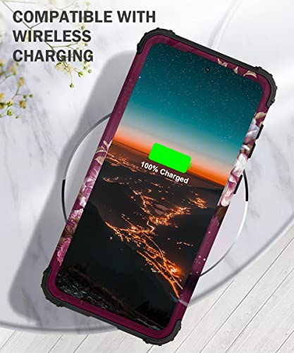 Hocase for Galaxy S21 FE 5G Case, Heavy Duty Shockproof Protection Soft Silicone Rubber+Hard Plastic Bumper Hybrid Protective Case for Samsung Galaxy S21 FE (6.4" Display) 2021 - Burgundy Flowers