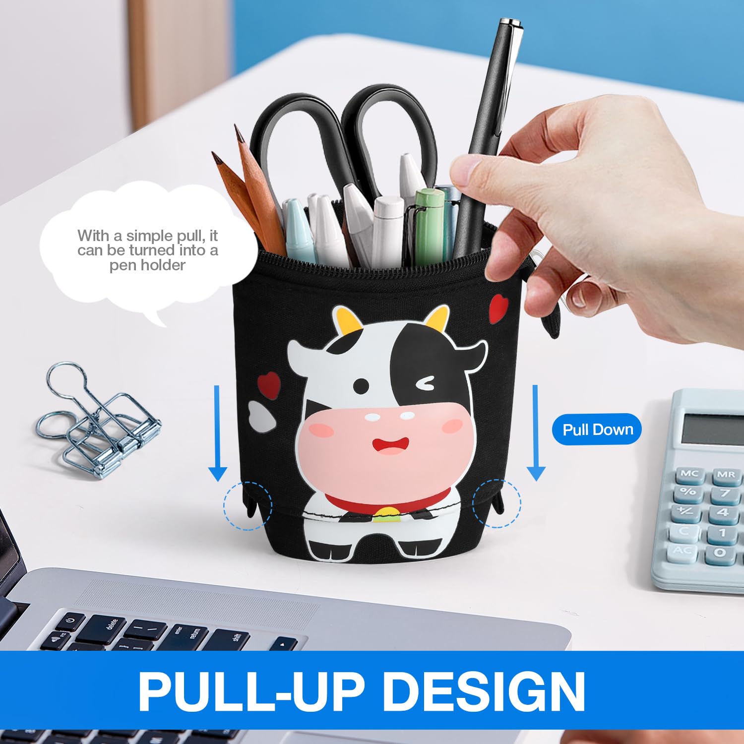 Cute Standing Pencil Case for Kids, Pop Up Pencil Box Makeup Pouch, Christmas Gift Kids Canvas Pen Holder Organizer Cosmetics Bag, Kawaii Stationary (Baby Cow)