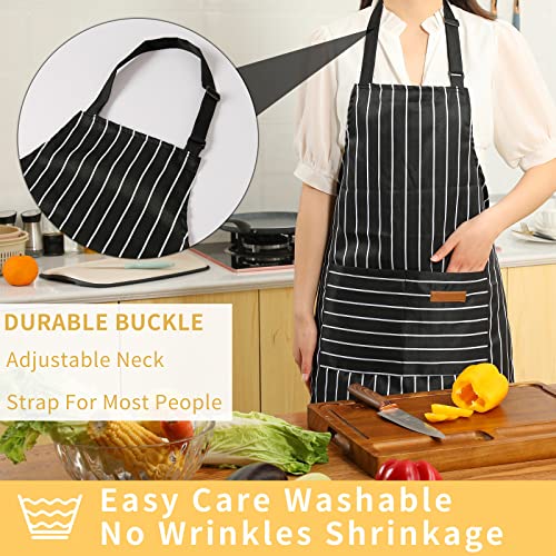 Tosewever 2 Pieces Kitchen Cooking Aprons, Cotton Polyester Blend Adjustable Bib Aprons with 2 Pockets for Women Men Chef Chef (Black/Brown Stripes, 2)