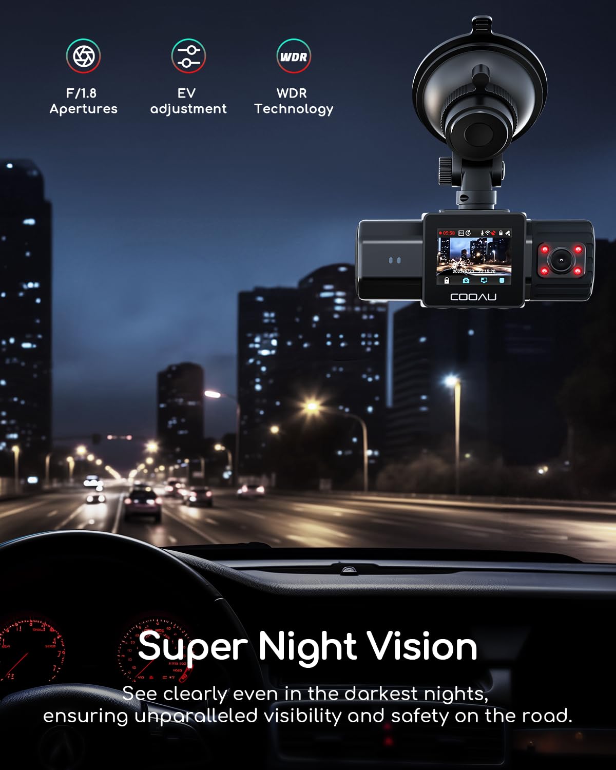 COOAU Dual Dash Cam 2.5K+1080P, Dash Cam Front and Inside, Built-in GPS and WiFi, Dash Camera for Cars, Perfect for Uber and Taxi Drivers, Night Vision, Accident Record, 24Hr Parking Mode