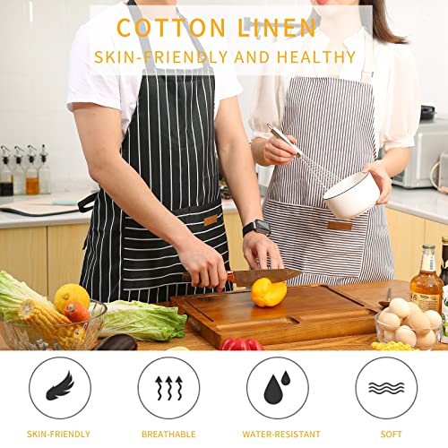 Tosewever 2 Pieces Kitchen Cooking Aprons, Cotton Polyester Blend Adjustable Bib Aprons with 2 Pockets for Women Men Chef Chef (Black/Brown Stripes, 2)