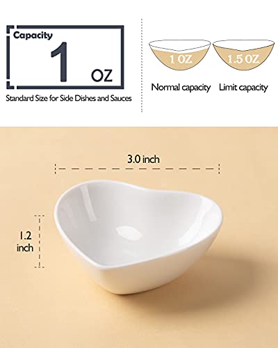 DELLING 12 Pack Soy Sauce Dishes/Bowls, Heart Shaped Dip Bowls Set, Sauce Cups/Ceramic Dipping Bowls, Mini Serving Bowls for Side Dishes, Soy Sauce, Ketchup, Sushi, BBQ and Party Dinner- White, 1Oz