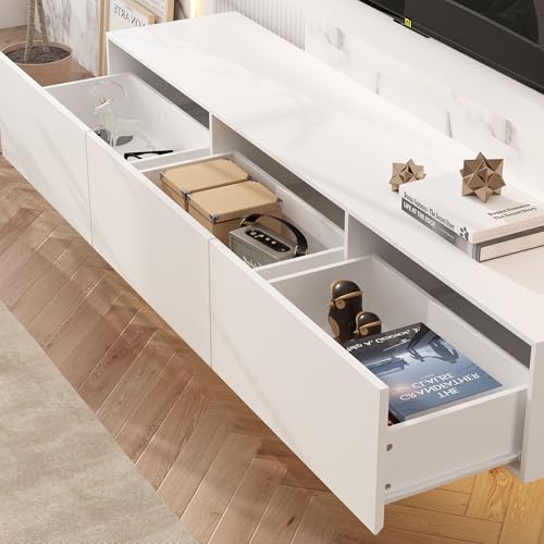 AIEGLE Floating TV Stand Wall Mounted, Non-Glossy Entertainment Center with 3 Drawers & 16-Color LED Lights, Modern TV Cabinet Console Shelf, White 63" W